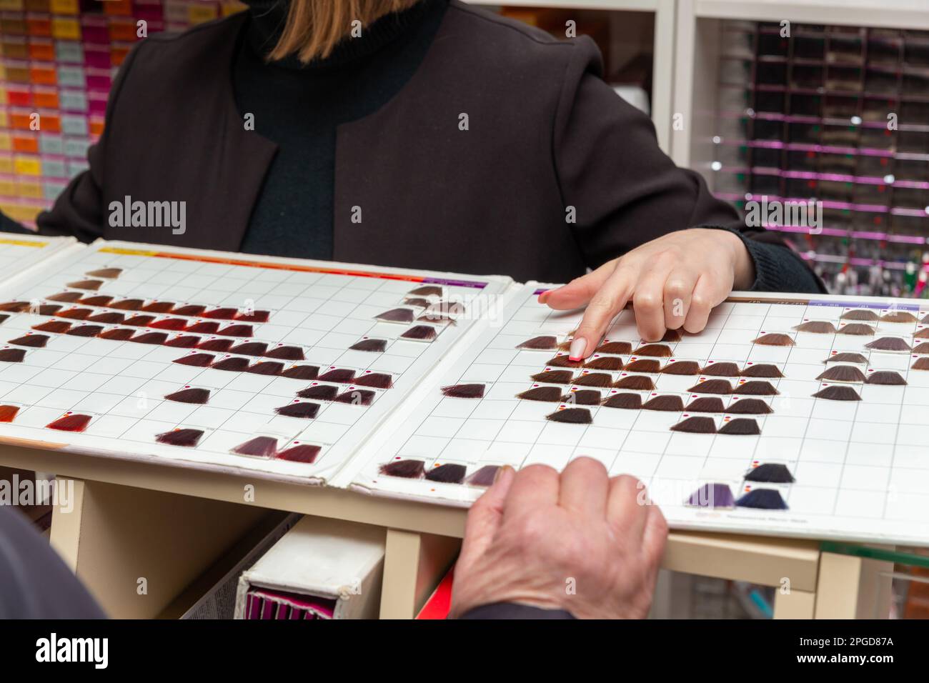 Consultant with catalog helps to choose hair color for elderly female ...