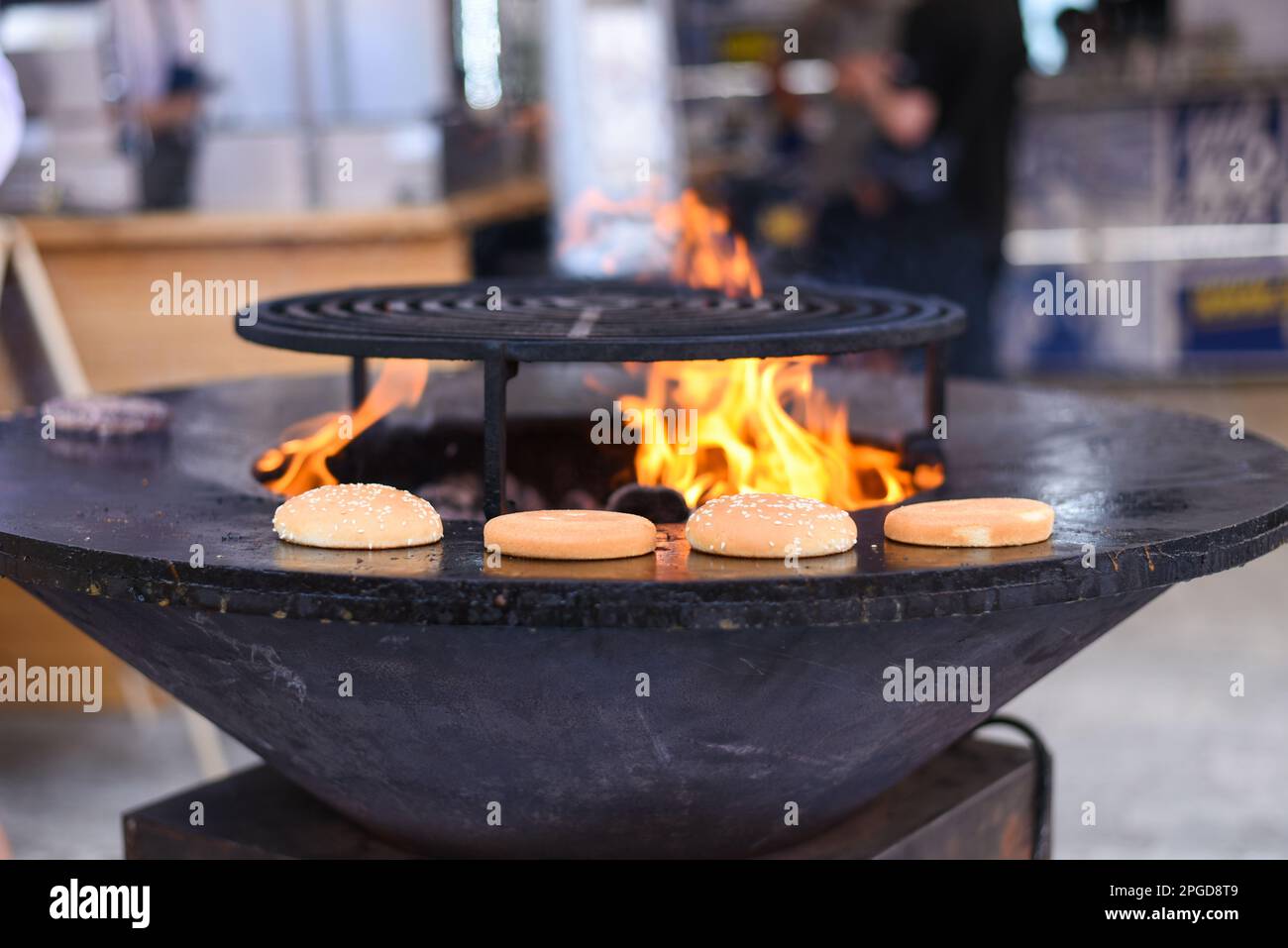 variety of food happens at the waterfall, picnic. Round grill bowl ...