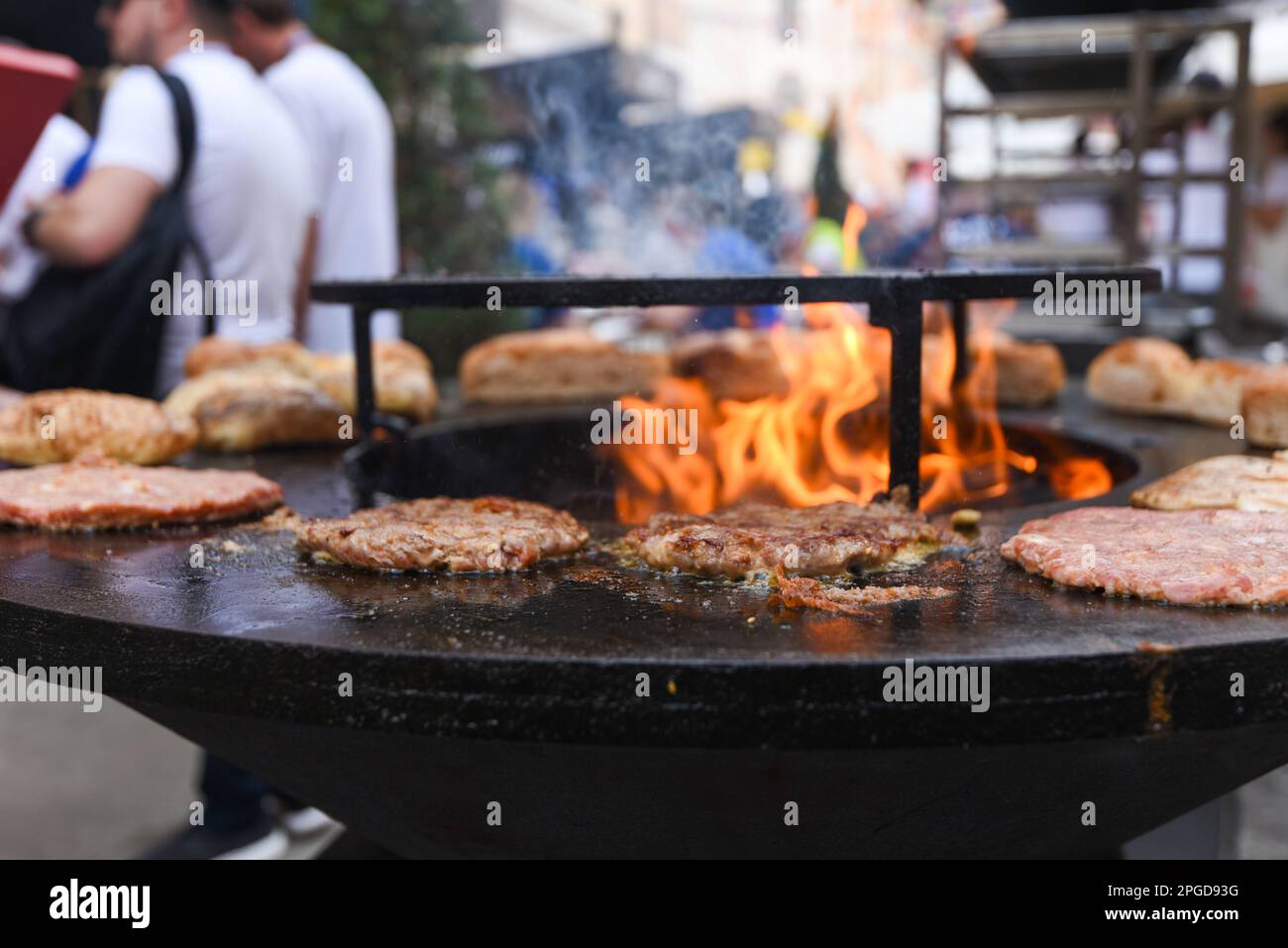 variety of food happens at the waterfall, picnic. Round grill bowl ...