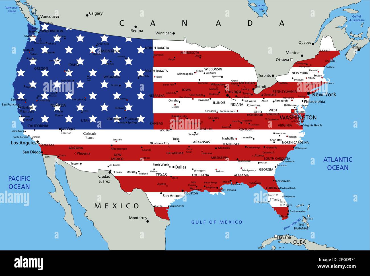 United States of America highly detailed political map with national ...