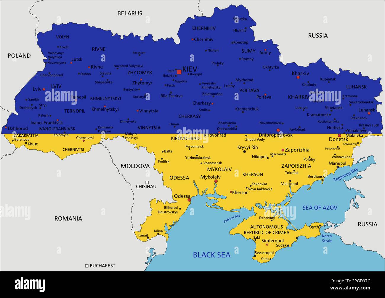 Ukraine highly detailed political map with national flag isolated on ...