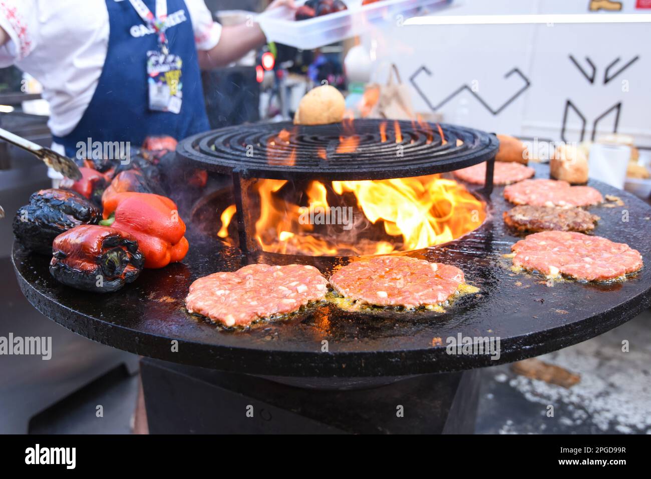 variety of food happens at the waterfall, picnic. Round grill bowl ...
