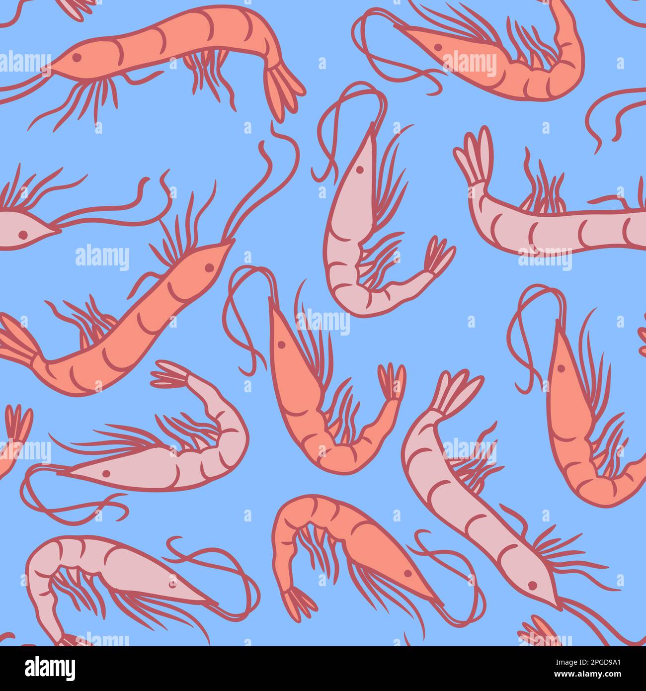 Hand drawn seamless pattern peach orange shrimps prawns on turquoise ...