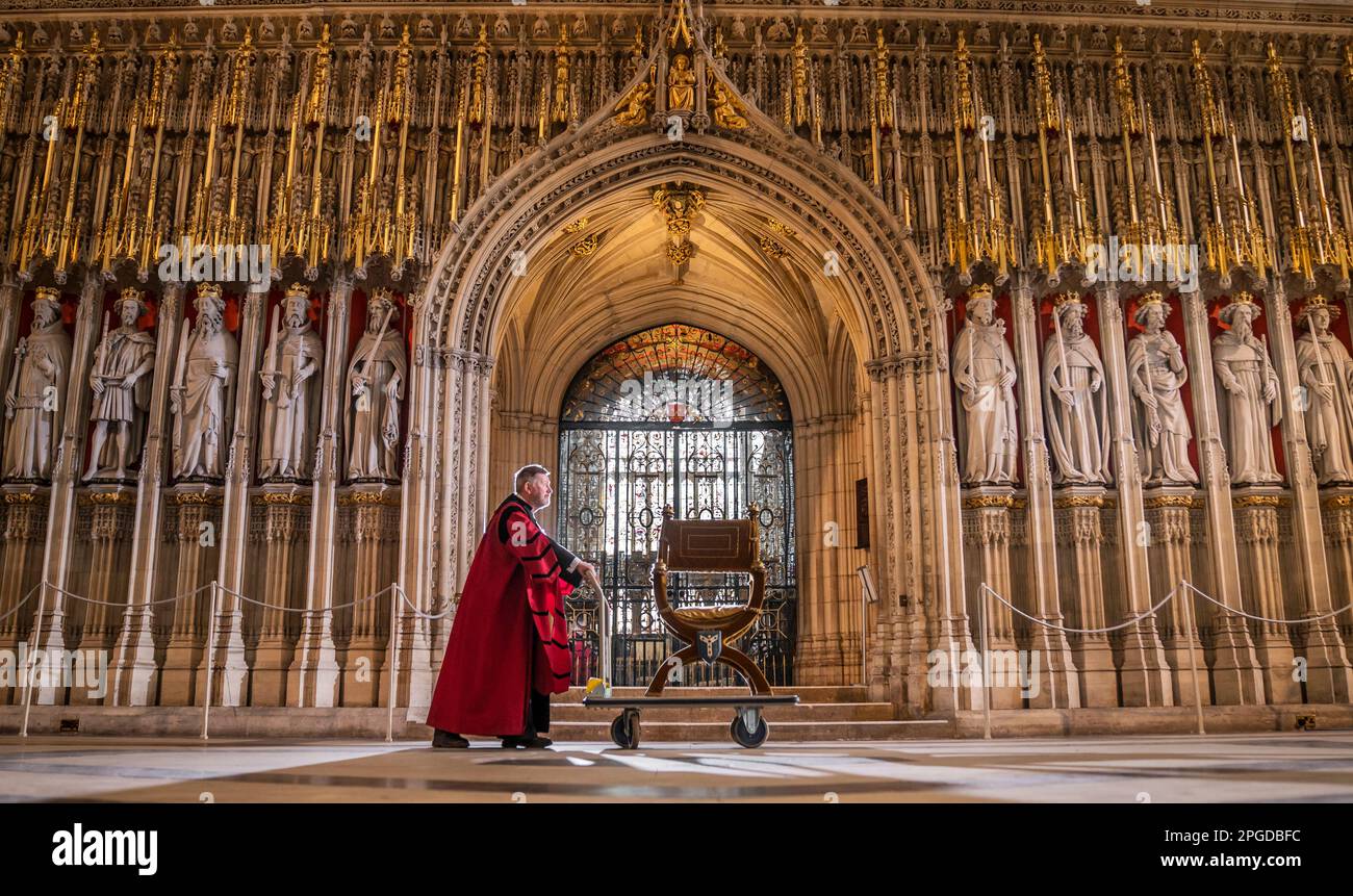 Head Verger Alex Carberry moves a chair known as the coronation chair ...