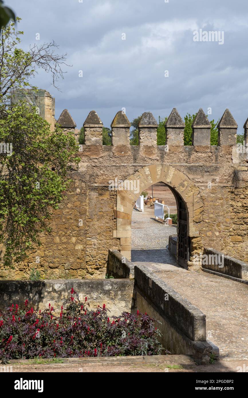 Battlements on top of a wall and an entrance with a gothic arch in the ...