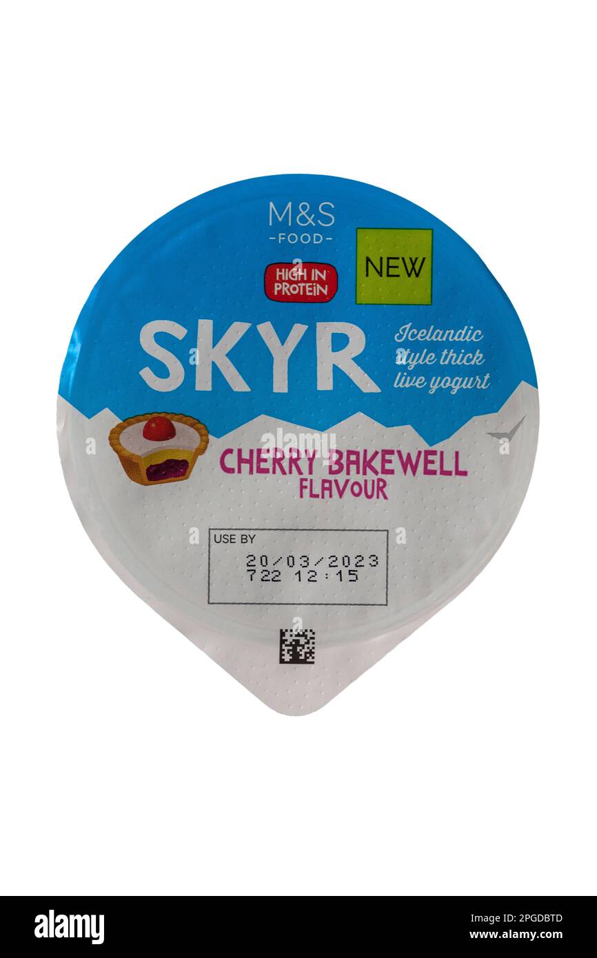 Pot of M&S Skyr Cherry Bakewell flavour yogurt Icelandic style thick ...