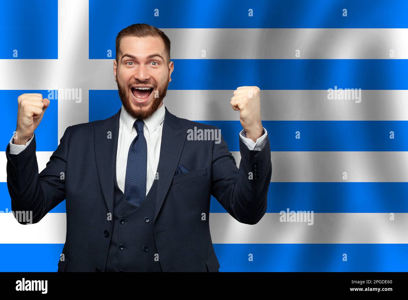 Greek happy businessman on the background of flag of Greece Business ...