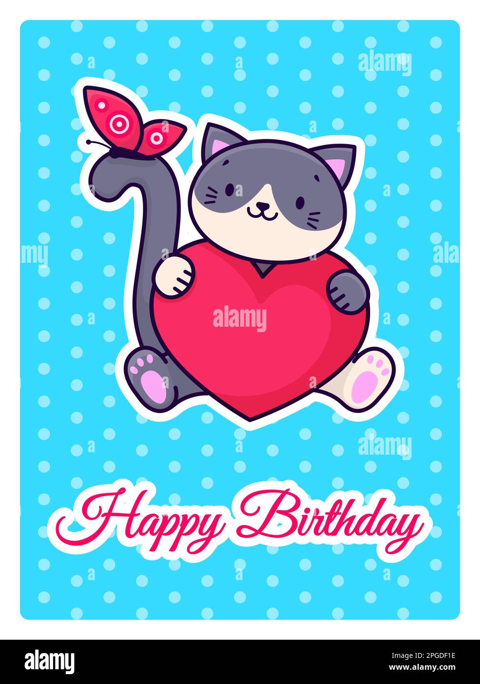 A cute cat holds a heart in its paws. Birthday card. Cartoon animal ...