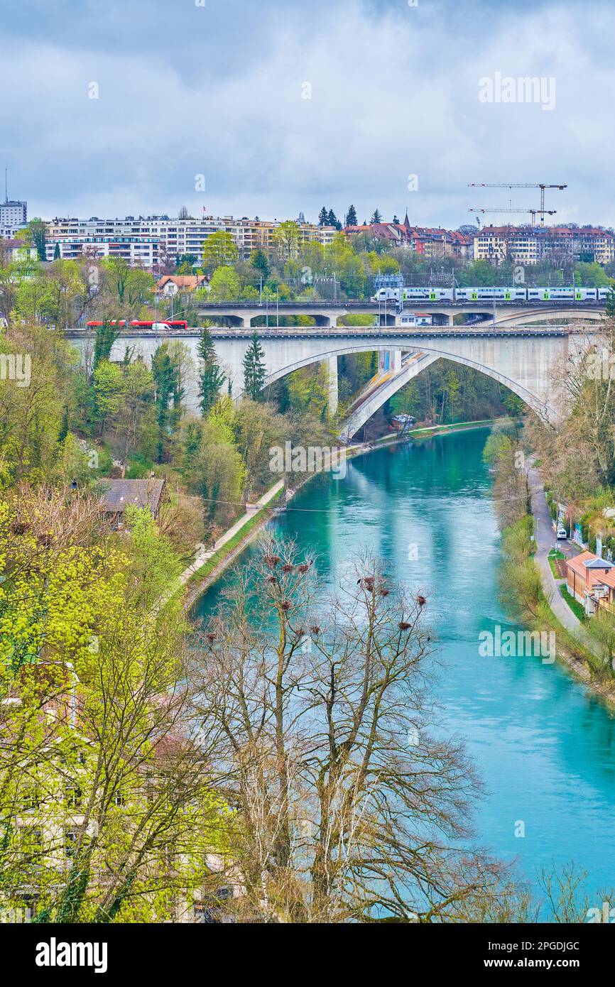 Aare river with Lorrainebrucke and Lorraine railway viaduct bridges and ...