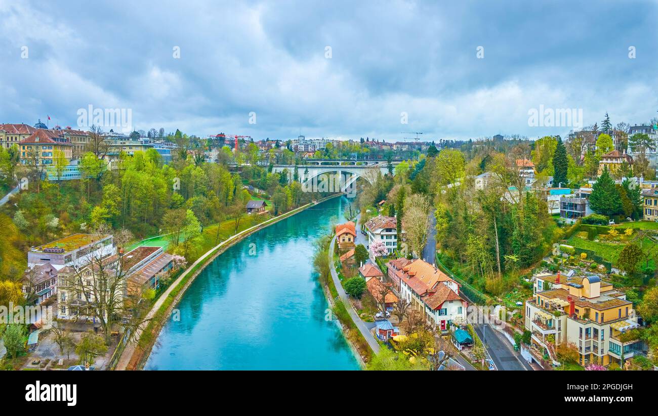 Stunning view on Aare river with Lorrainebrucke bridge and surrounding ...