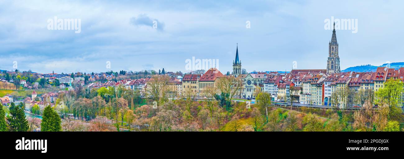The medieval Bern city with its bell towers and other medieval ...