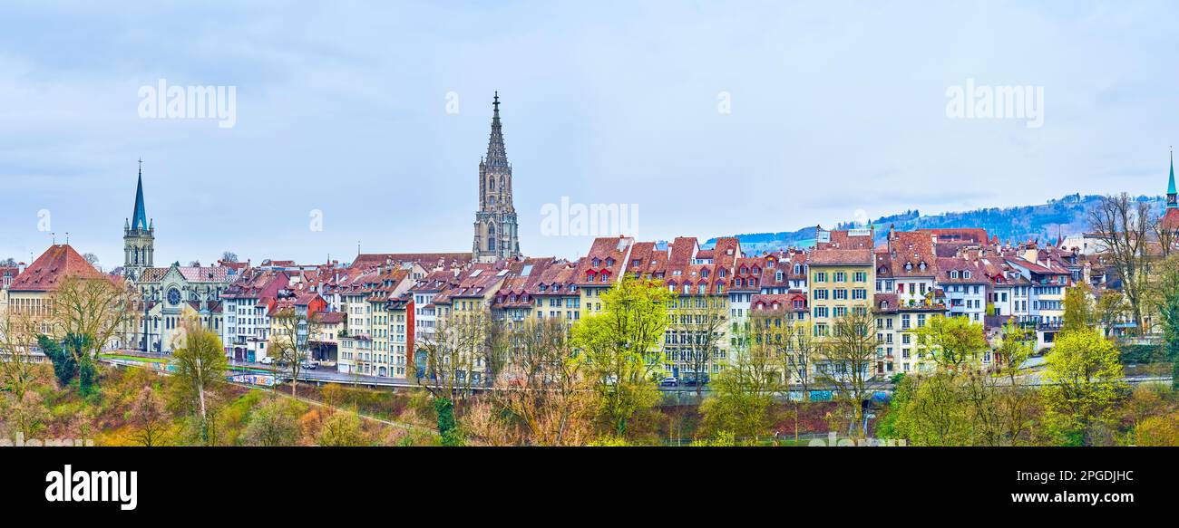 Panorama of medieval Bern with spires of bell towers and the typical ...