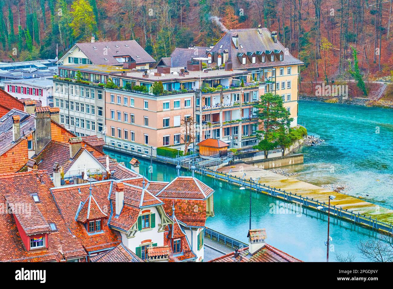 Scenic view on the building on the barrier with a dam on Aare river in ...