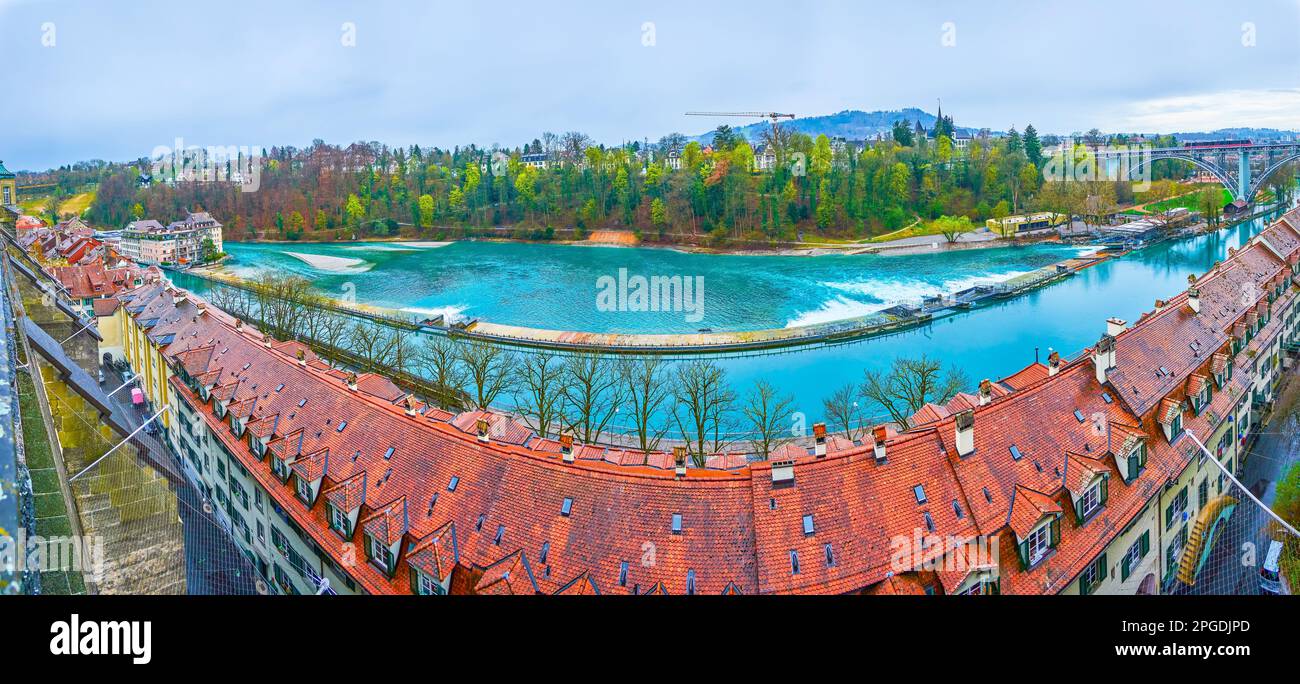 Curved panorama of the charming old buildings on Badgasse street and ...