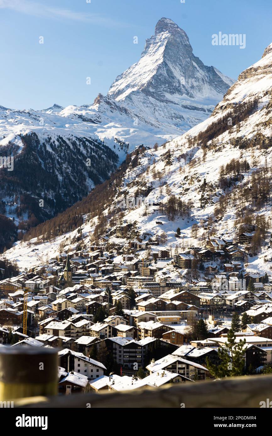 Winter mountain landscape. Snowy mountain Matterhorn during the day in ...