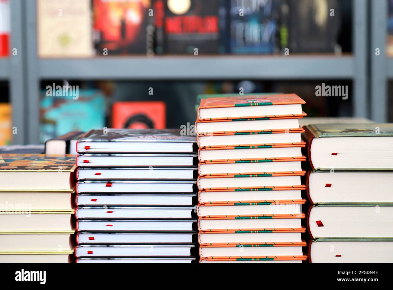 Books, notebooks, notepads lie on bookstore showcase, in library ...