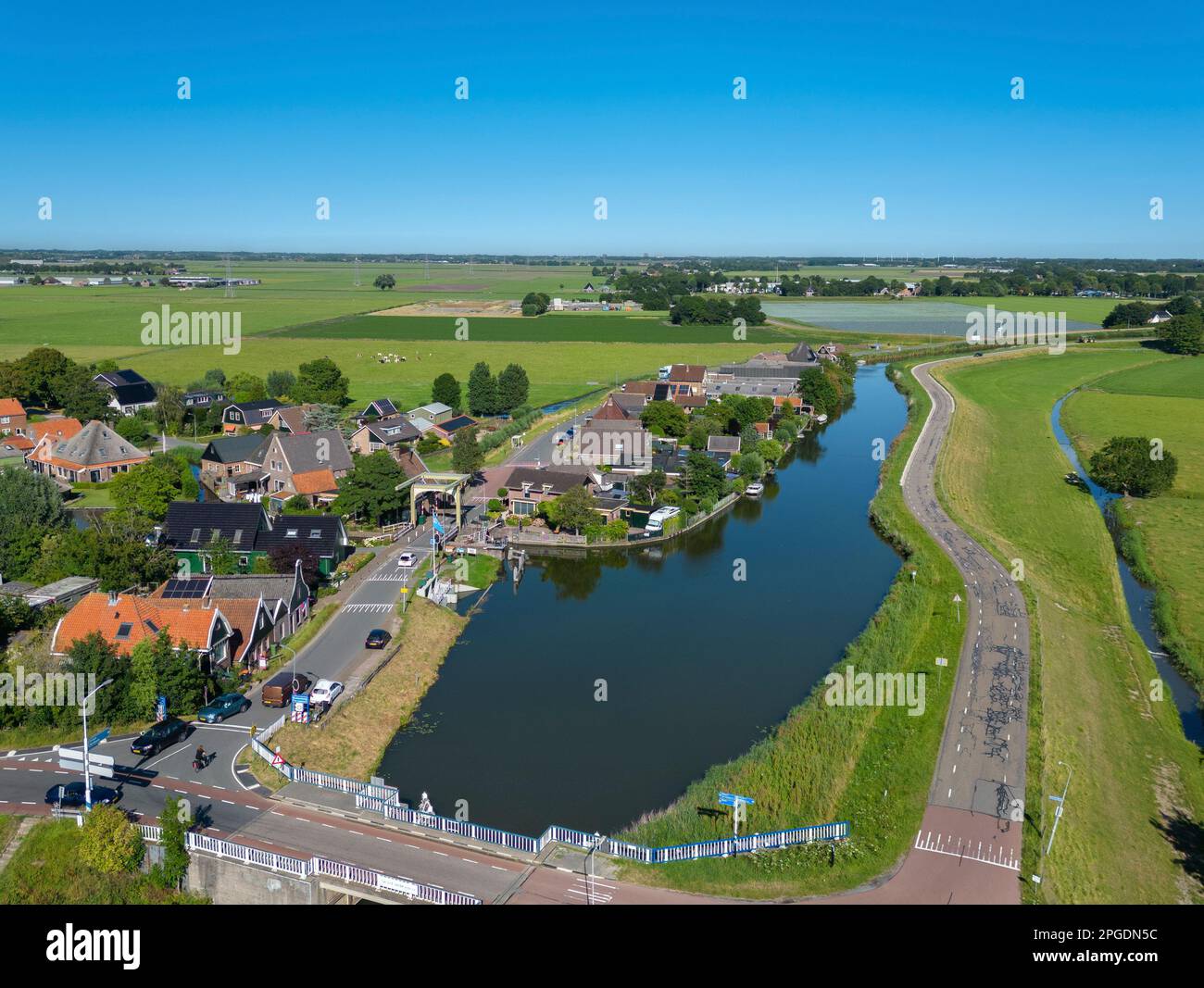 Aerial view looking over the three dikes Huygendijk, Drechterlandsedijk ...