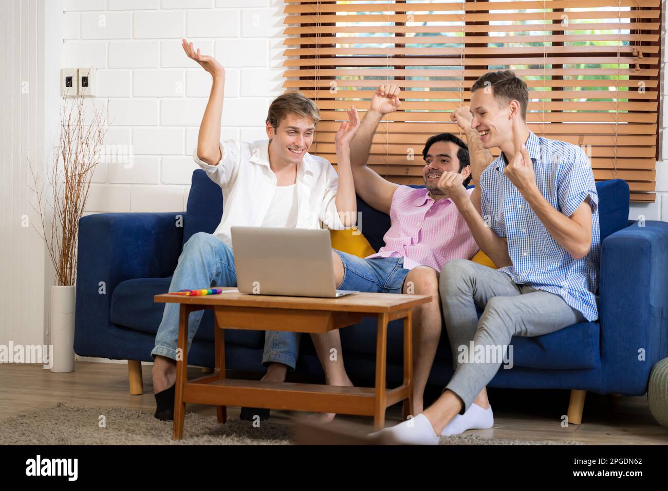 LGBTQ gay couple doing activities together at home and socializing ...