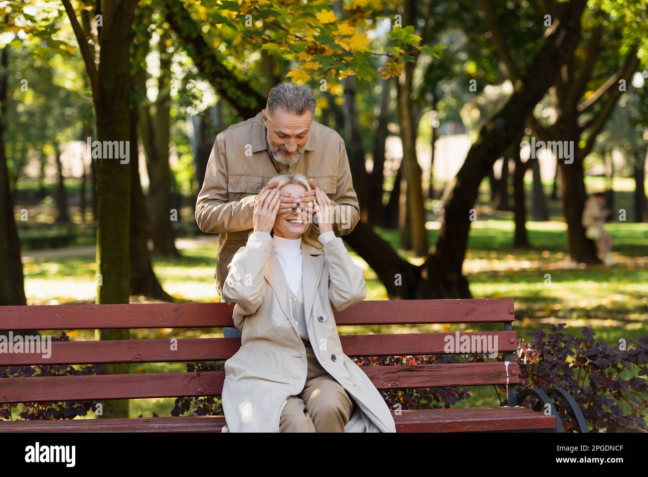 Smiling man covering eyes of wife sitting on bench in park,stock image ...
