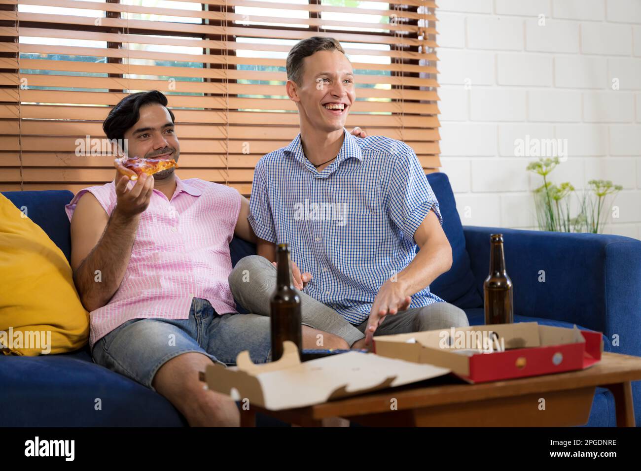 LGBTQ gay couple doing activities together at home and socializing ...