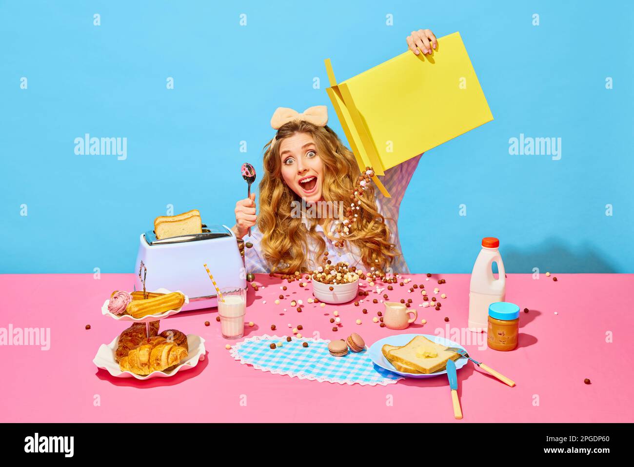 Vivid emotional young girl wearing bow preparing american breakfast ...
