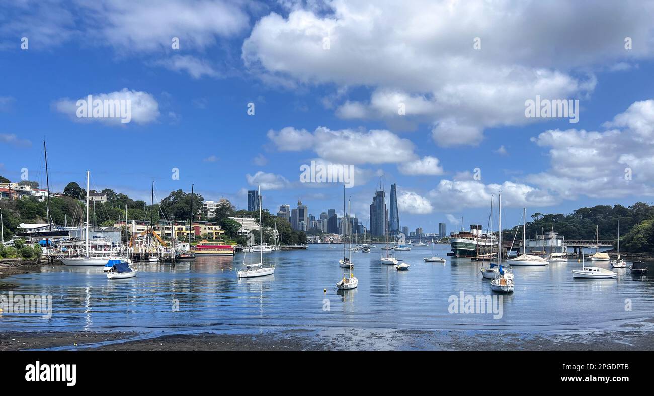 City skyline with Boats at Berry's Bay in foreground, Sydney, New South ...