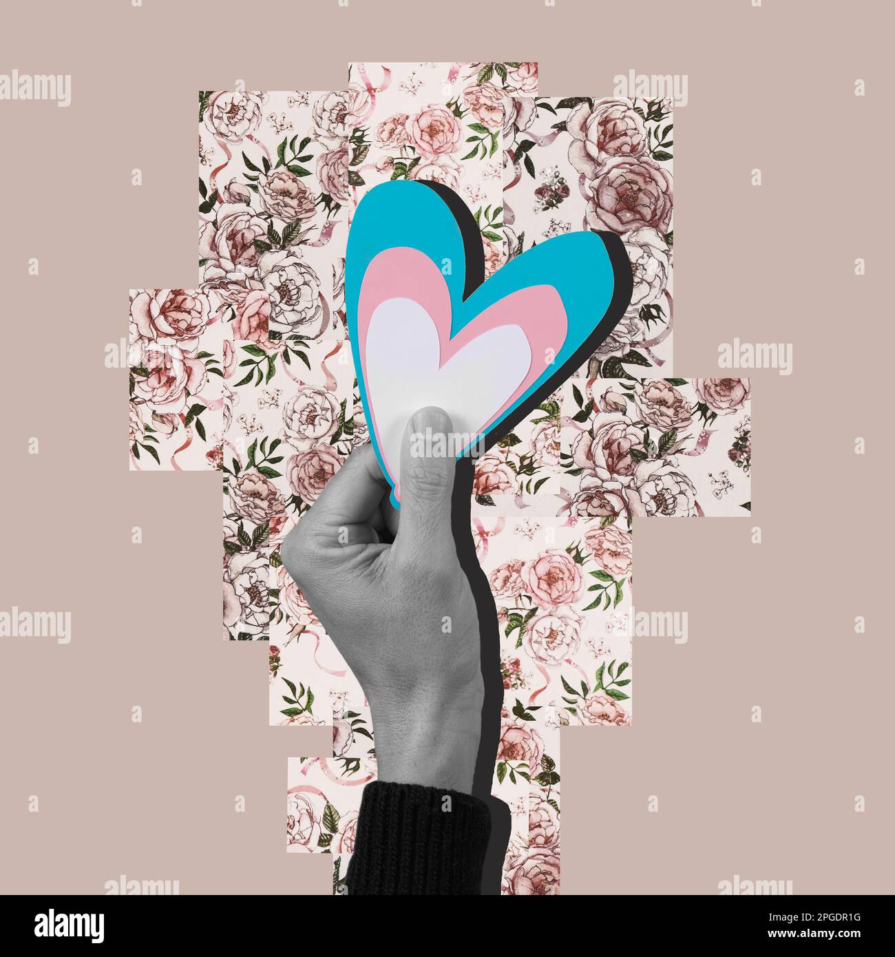 collage of the hand of a person in black and white holding a heart with ...