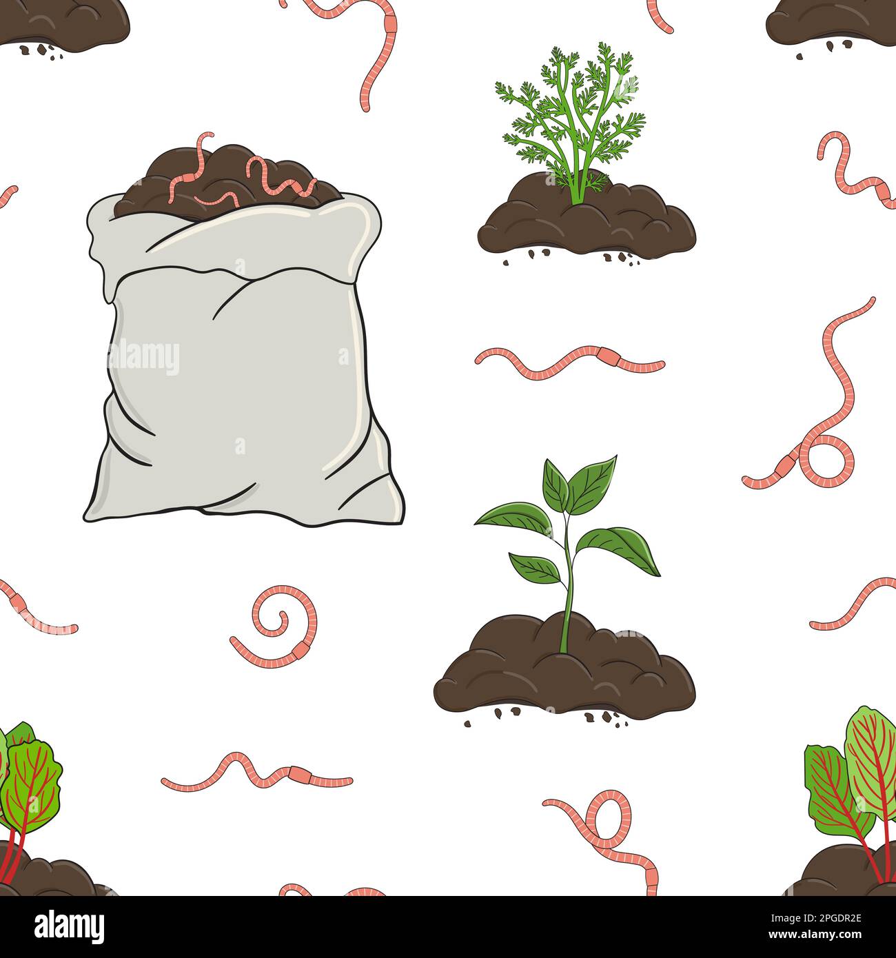 Seamless pattern with worms, compost pile and sack. Carrot and beet ...
