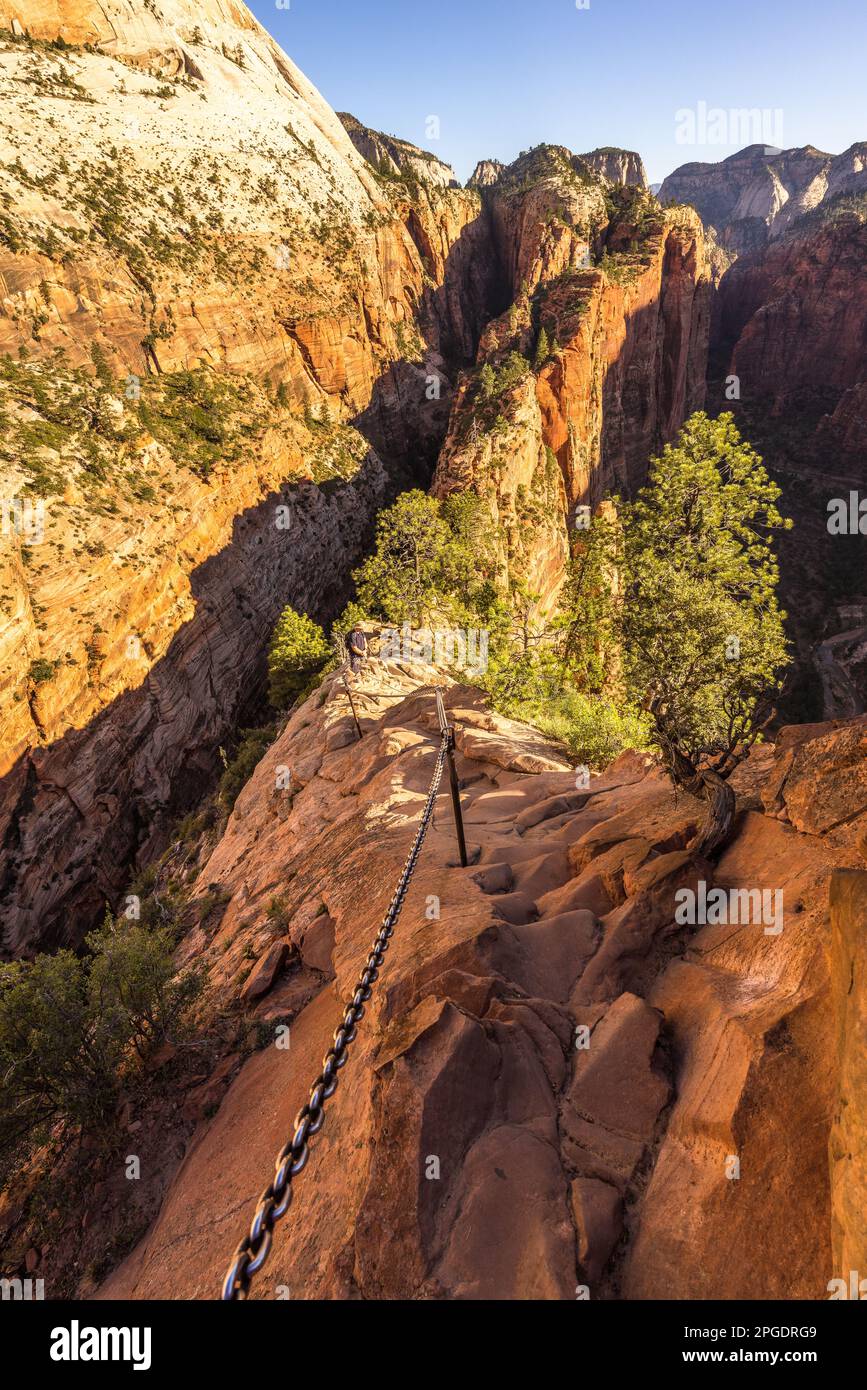 Overhead view of a Hiker standing on rocks, Angel's Landing Trail, Zion ...