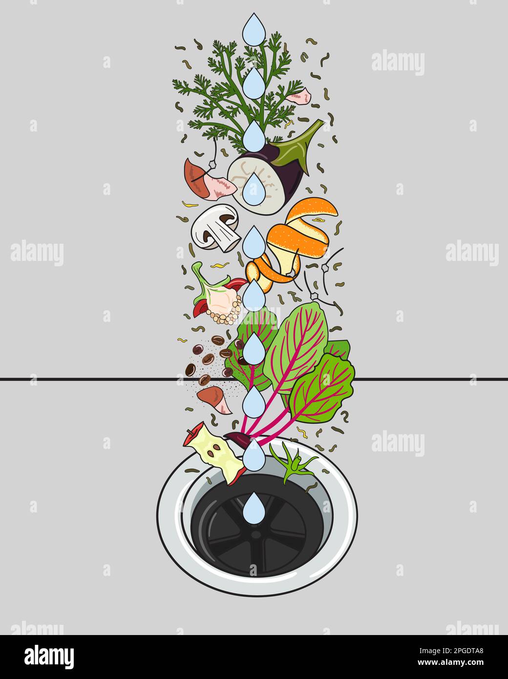 Food waste disposer for kitchen sink with kitchen scraps falling into ...