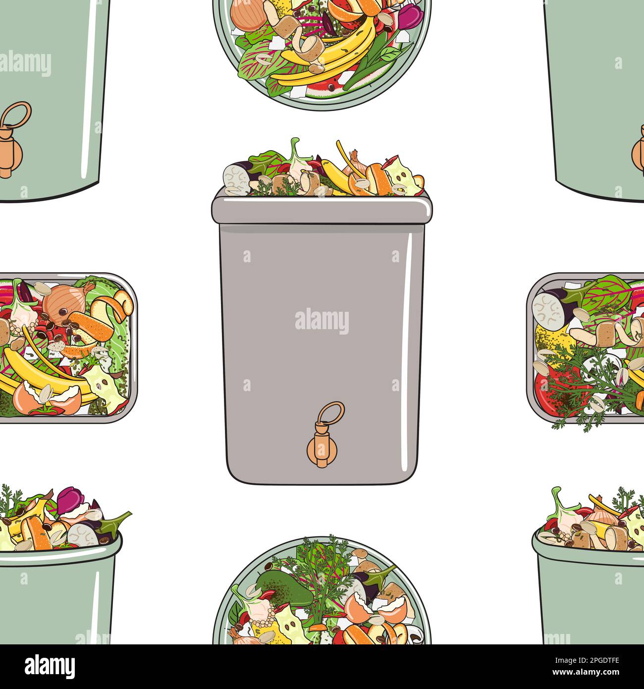Seamless pattern with home composters, kitchen scraps. Recycling ...