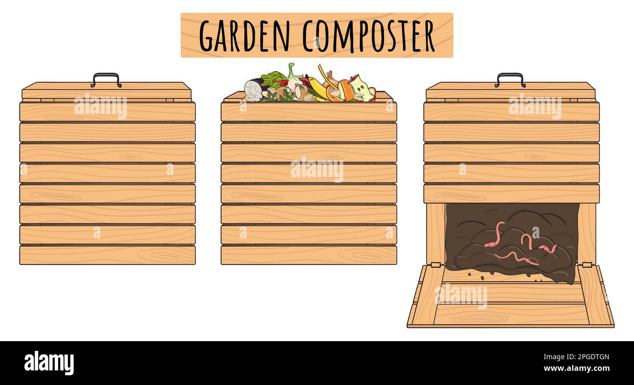 Set of garden wood composting bins. Garden fertilizer organic with worms. Recycling organic ...