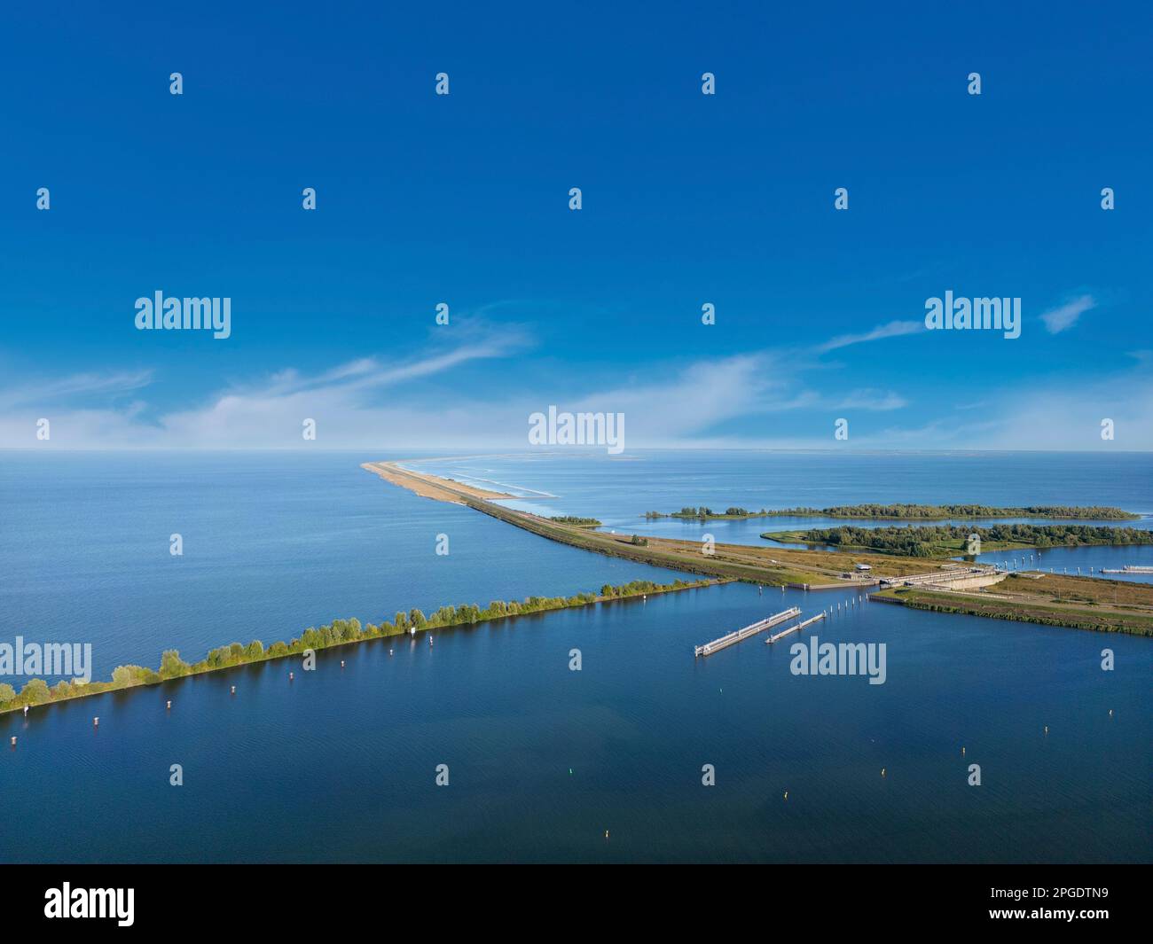 Aerial view with the Markerwaarddijk between Markermeer and IJsselmeer ...