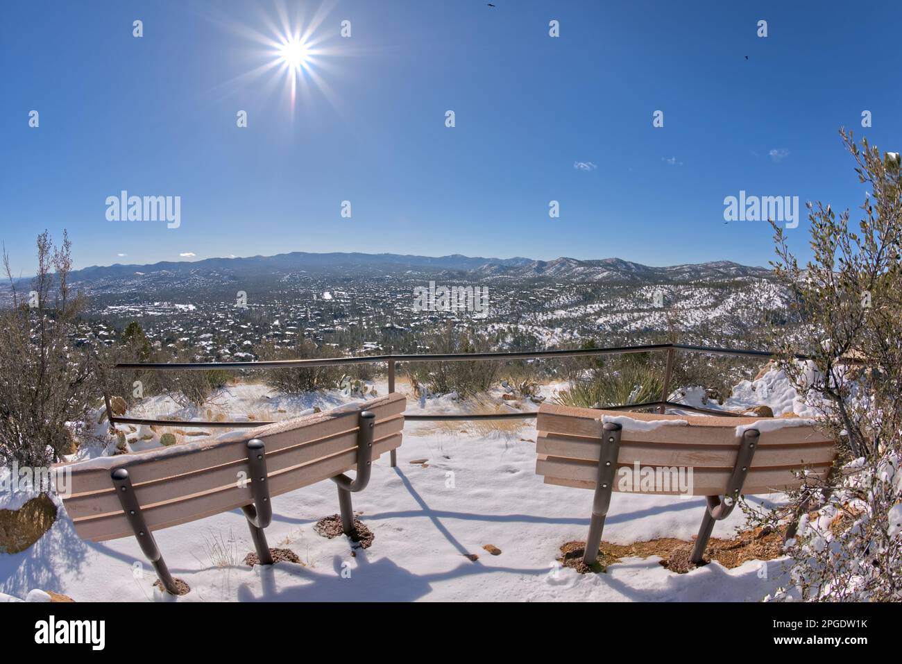 Empty benches in the snow, Thumb Butte, Prescott National Forest ...
