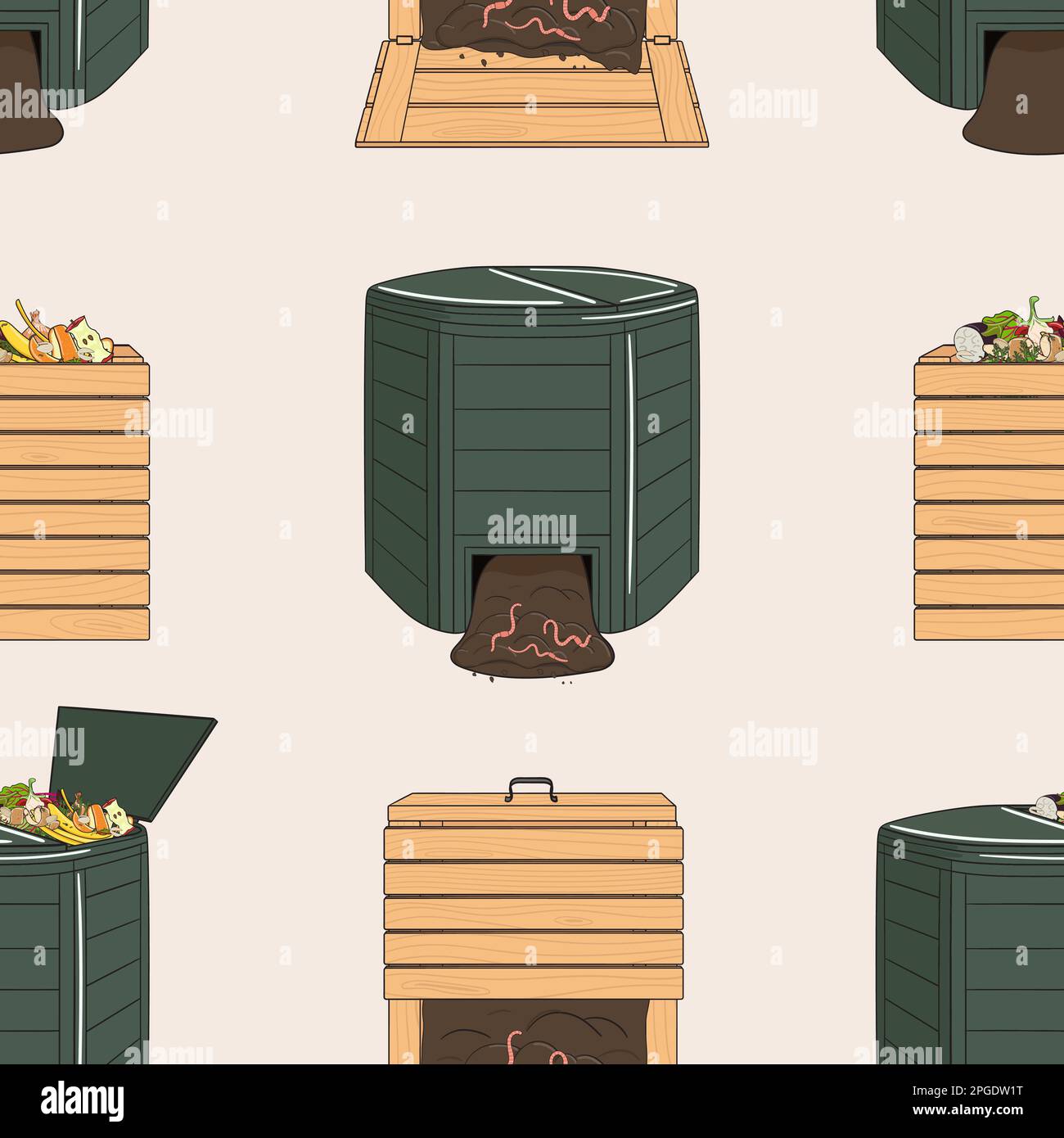 Seamless pattern with garden wood and plastic composters. Recycling organic waste. Farming and ...