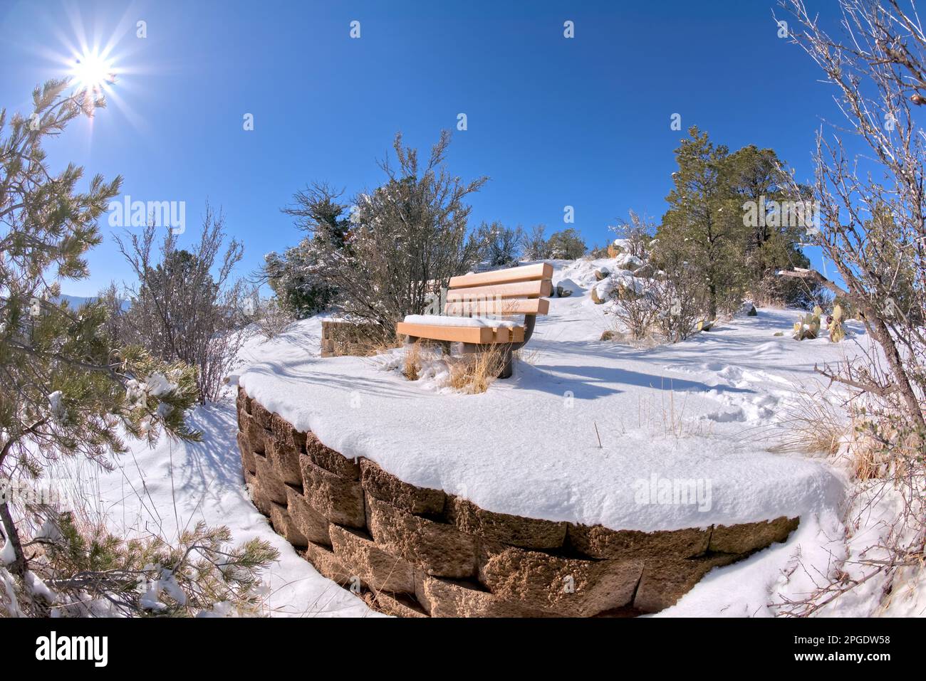 Empty bench in the snow, Thumb Butte, Prescott National Forest, Arizona ...