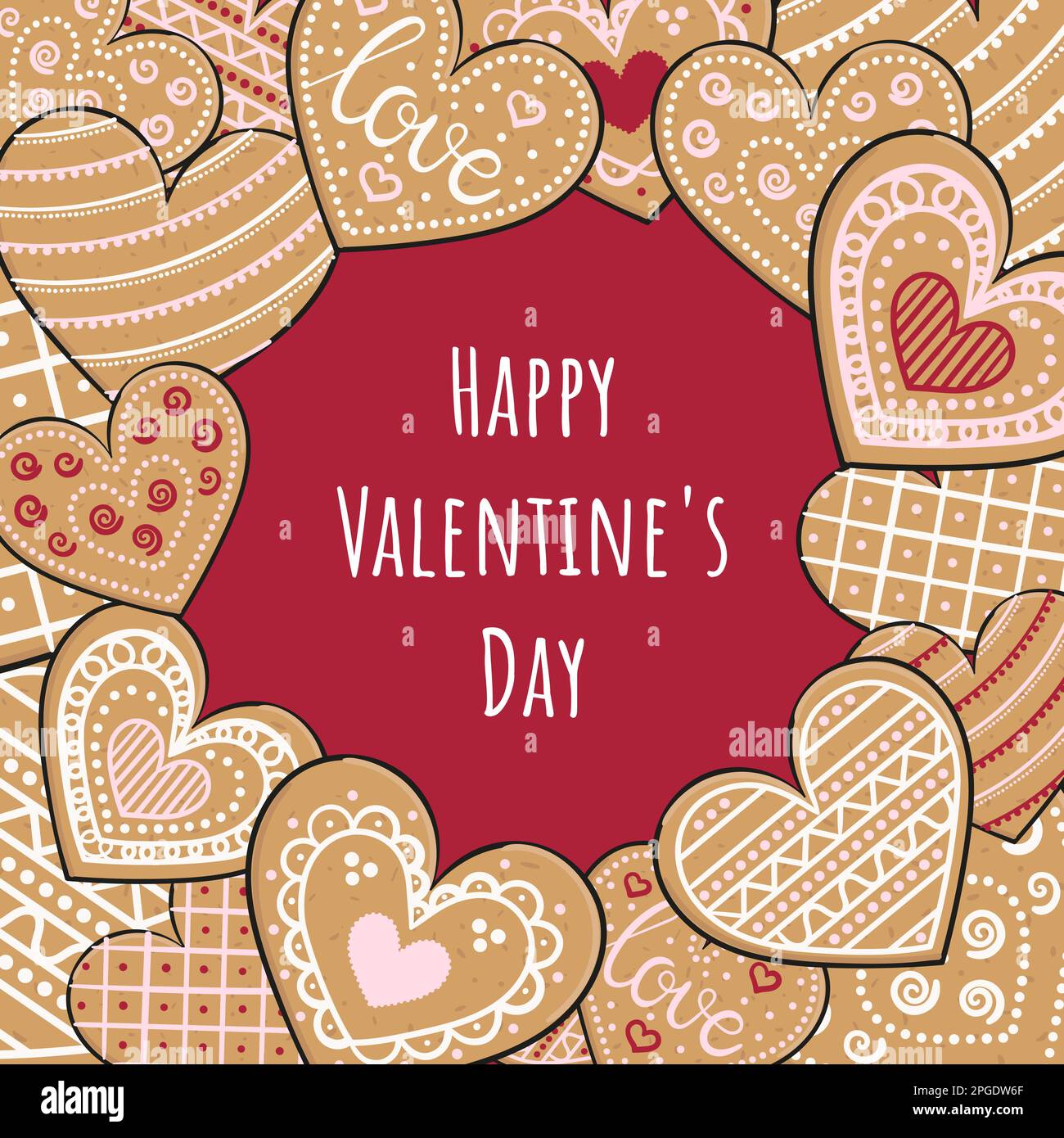 Frame with gingerbread heart cookies. Happy Valentine's Day. Different ...