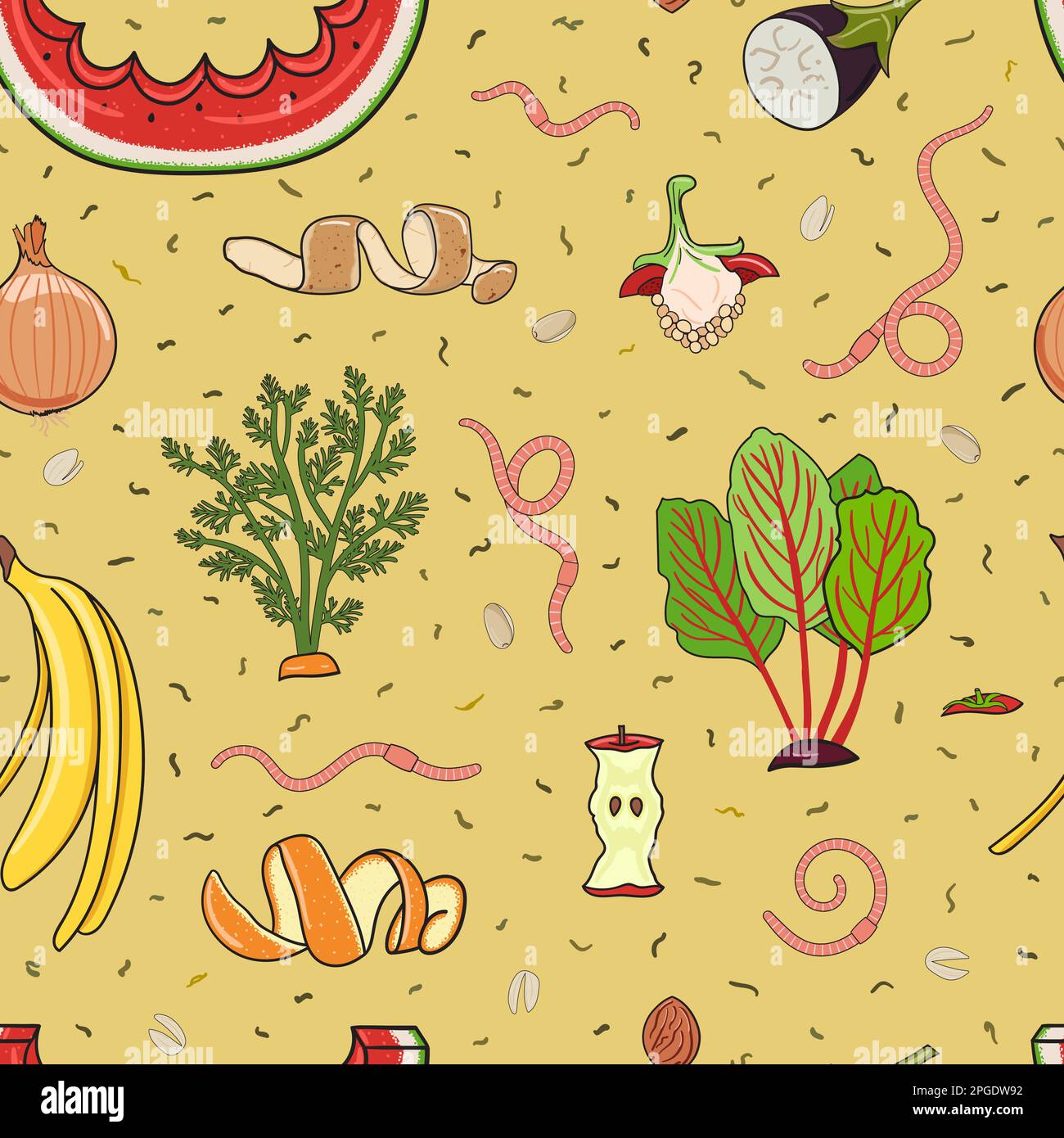 Seamless pattern with organic waste. Leftovers, spoiled products, kitchen scraps, fruit ...