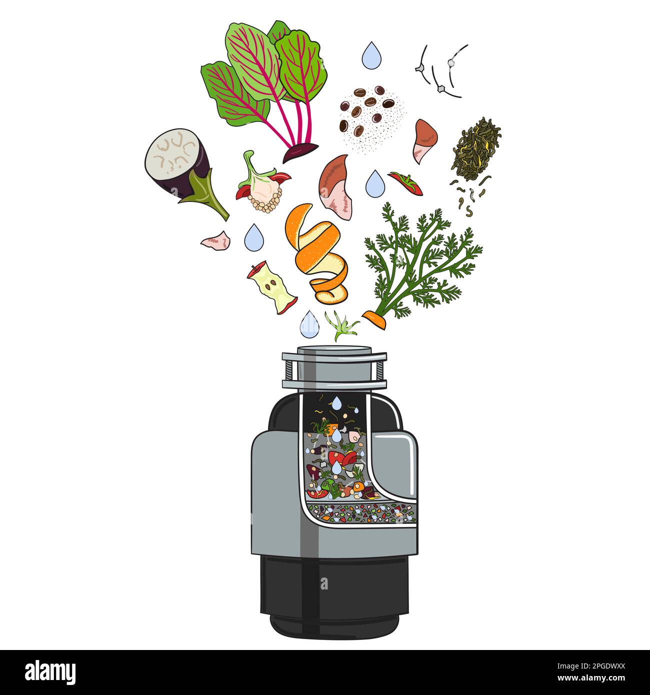 Food waste disposer for kitchen sink with kitchen scraps falling into ...