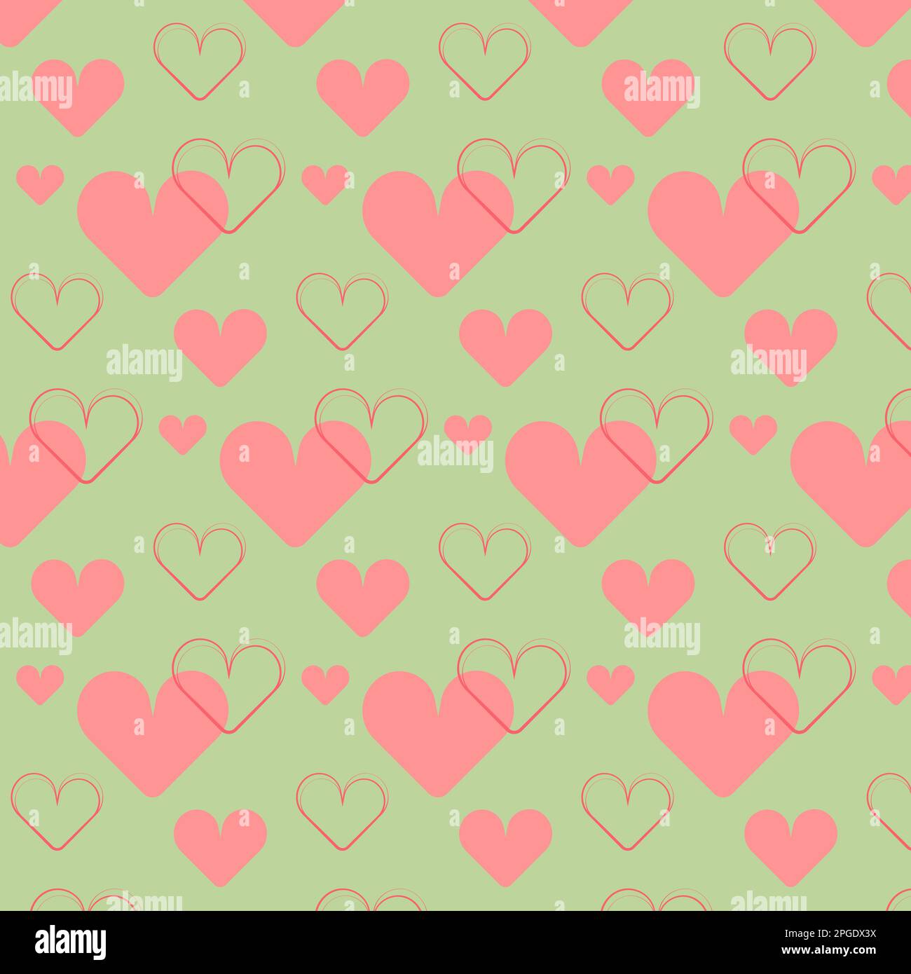 Seamless pattern of pink hearts in different sizes on a green ...