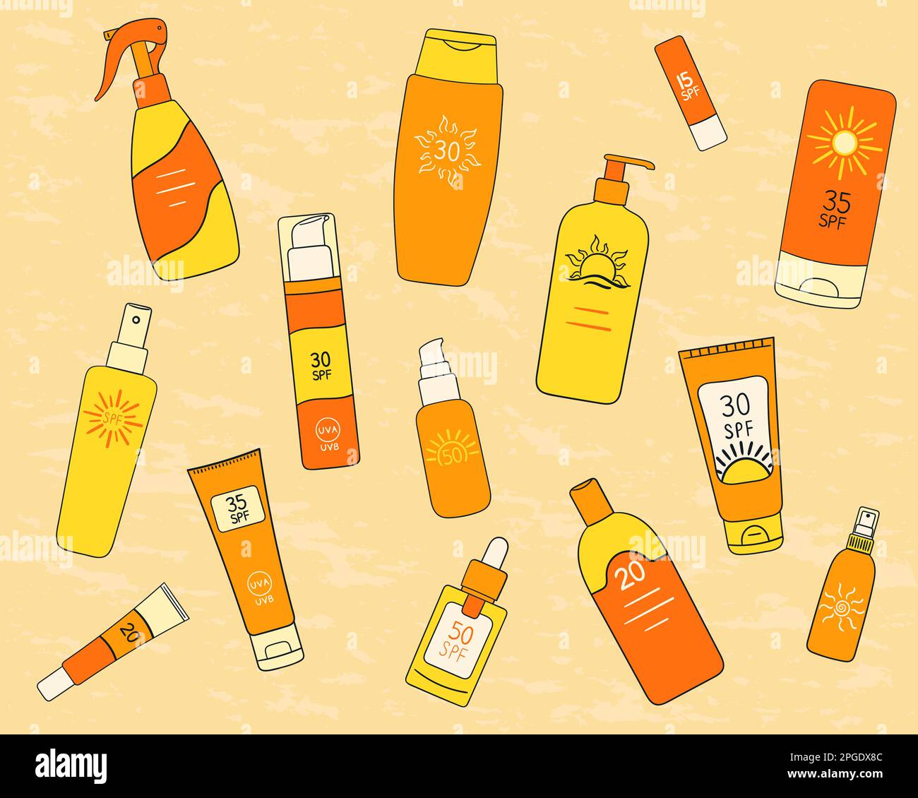 Set of SPF bottles, tubes on sand background. Sunscreen protection and ...