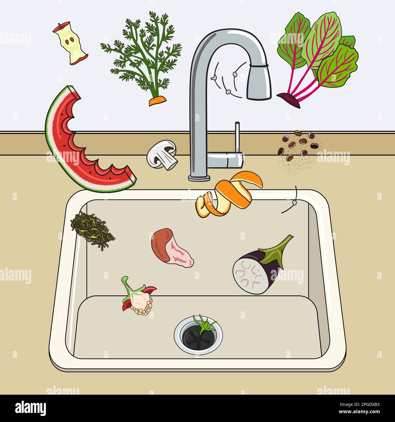 Food waste disposer for home kitchen sink with kitchen scraps falling ...
