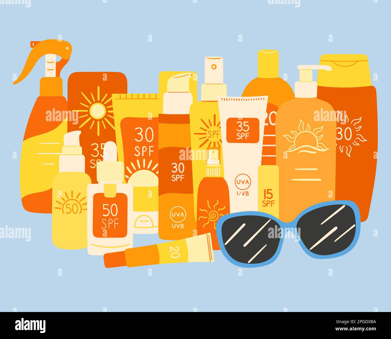 Set of SPF bottles, tubes stand together with sunglasses. Sunscreen ...