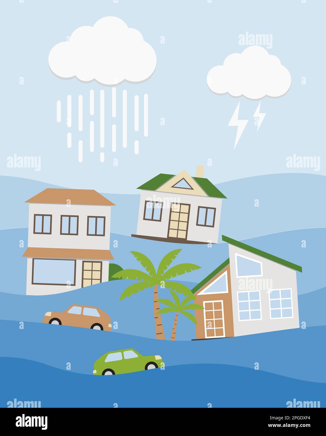 Houses and cars flooding under water concept. Flood natural disaster ...