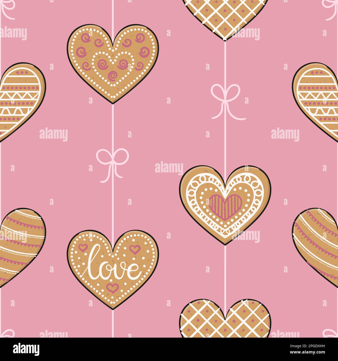 Seamless pattern with gingerbread heart cookies. Happy Valentine's Day ...