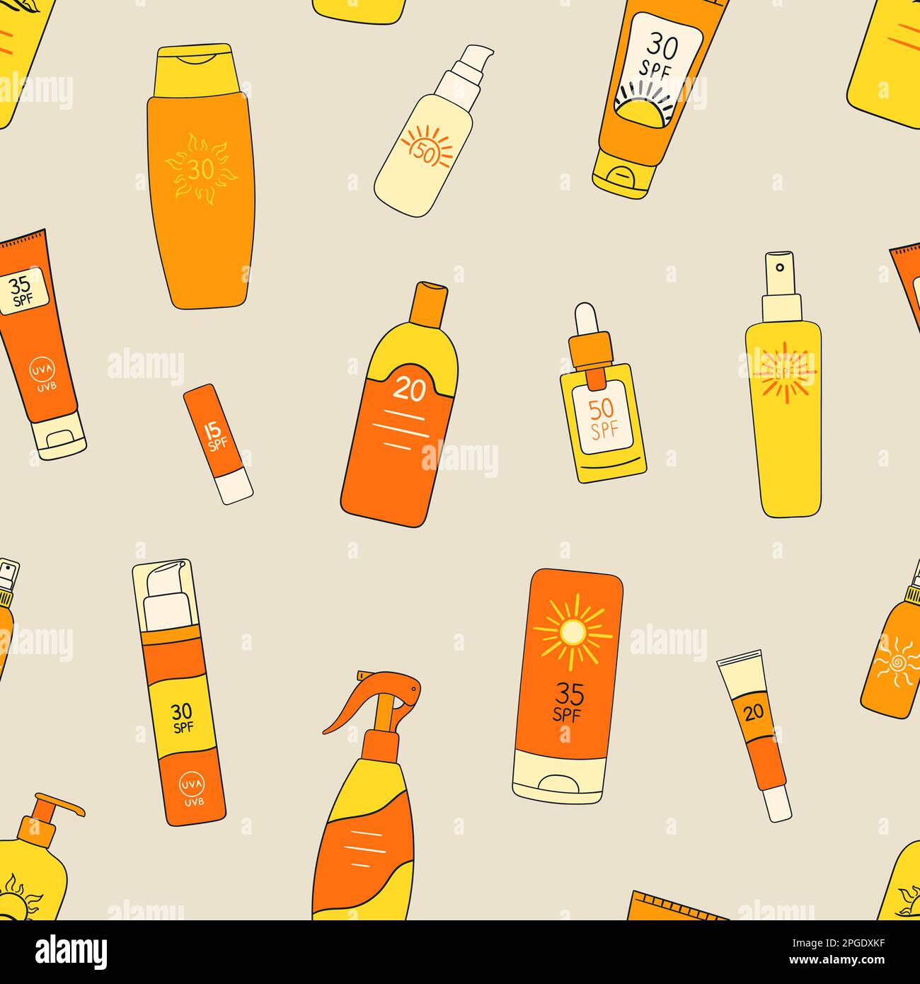 Seamless pattern of sunscreen bottles, tubes, spray. SPF cream, lotion ...