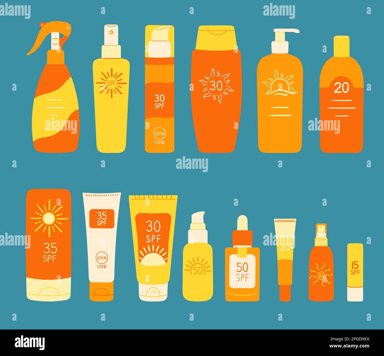 Set of SPF bottles, tubes. Sunscreen protection and sun safety. Sunscreen cream, lotion isolated ...