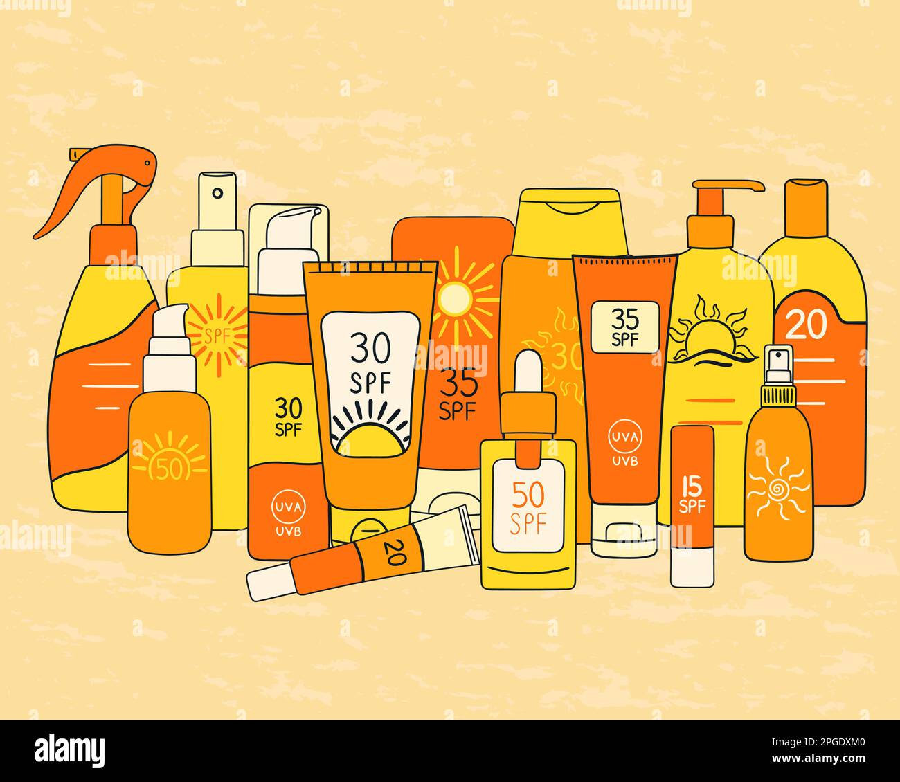 Set of SPF bottles, tubes stand together on sand background. Sunscreen ...