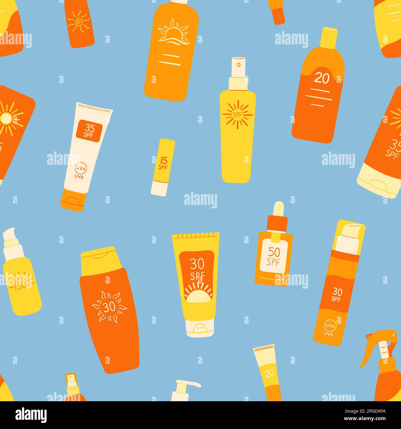 Seamless pattern of sunscreen bottles, tubes, spray. SPF cream, lotion ornament. Sunscreen ...