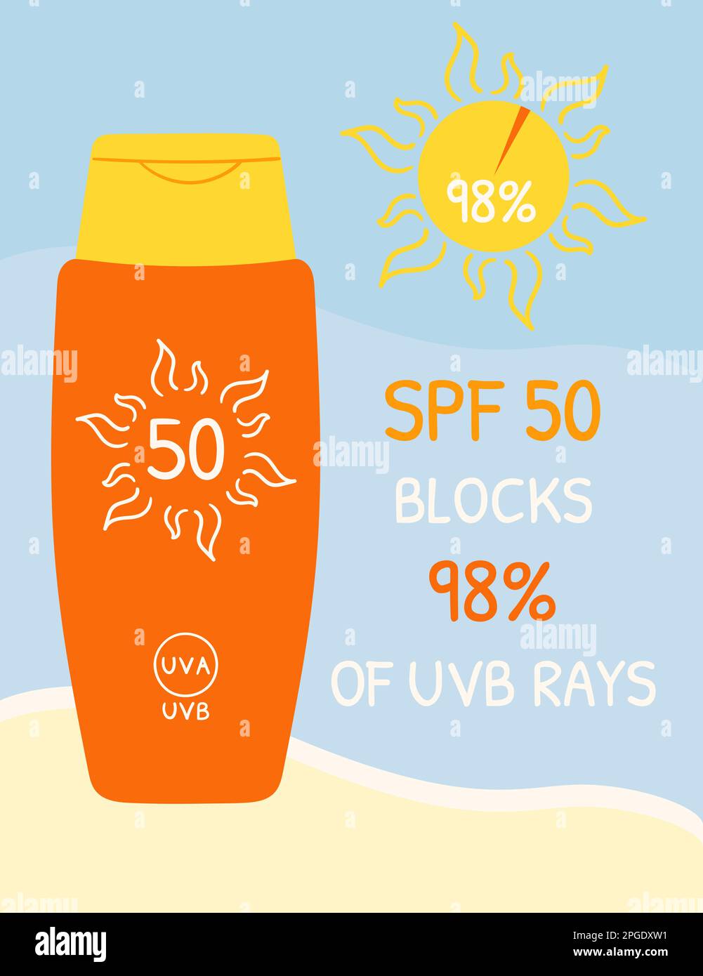 Sunscreen bottles with SPF 50 that blocks UVB rays. Sunscreen protection infographic on beach ...